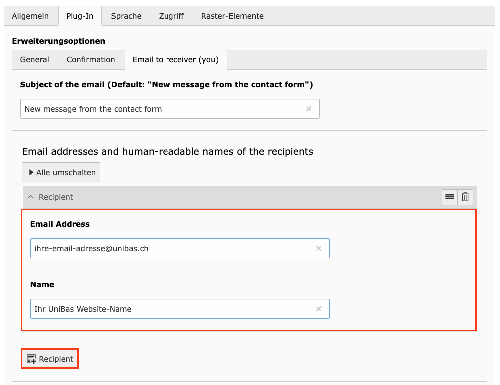 Insert and configure form | easyWeb standard | information and help page